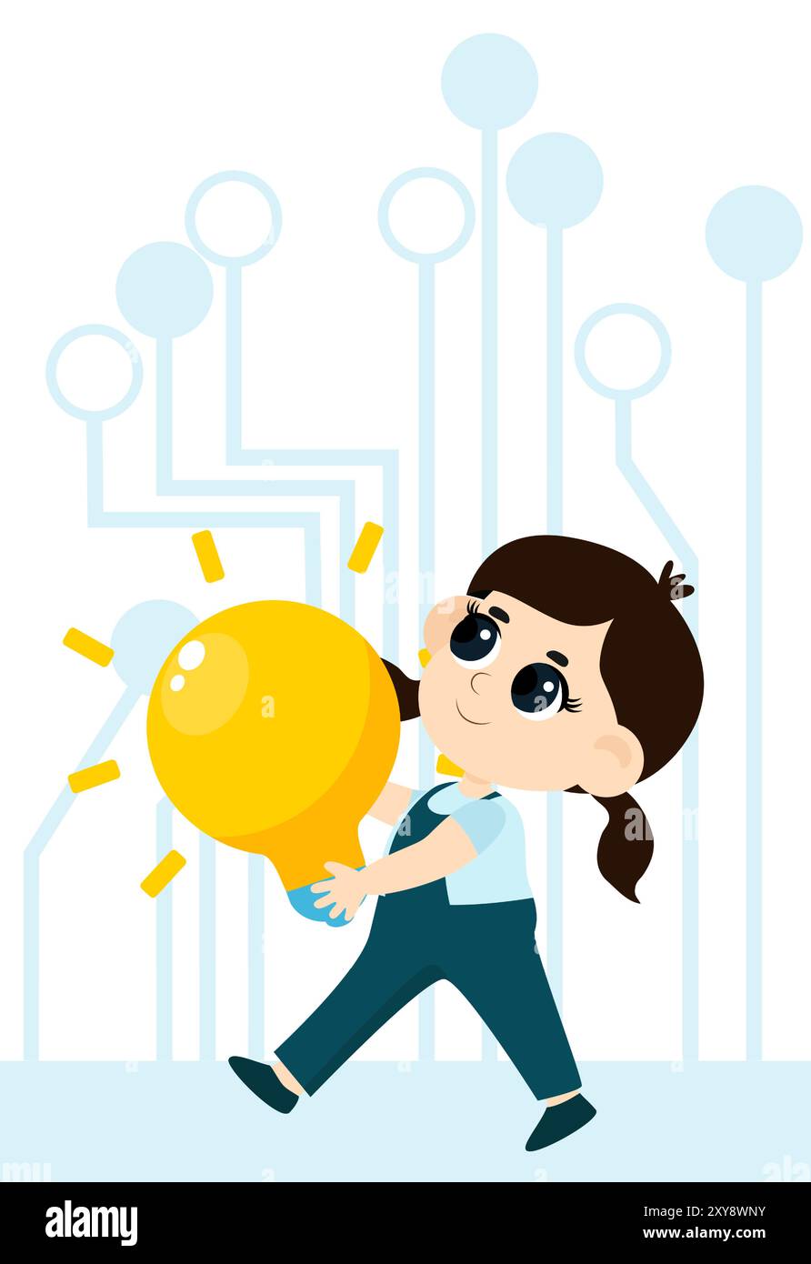 Kid Inventors Day. A girl with a large light bulb on the background of ...