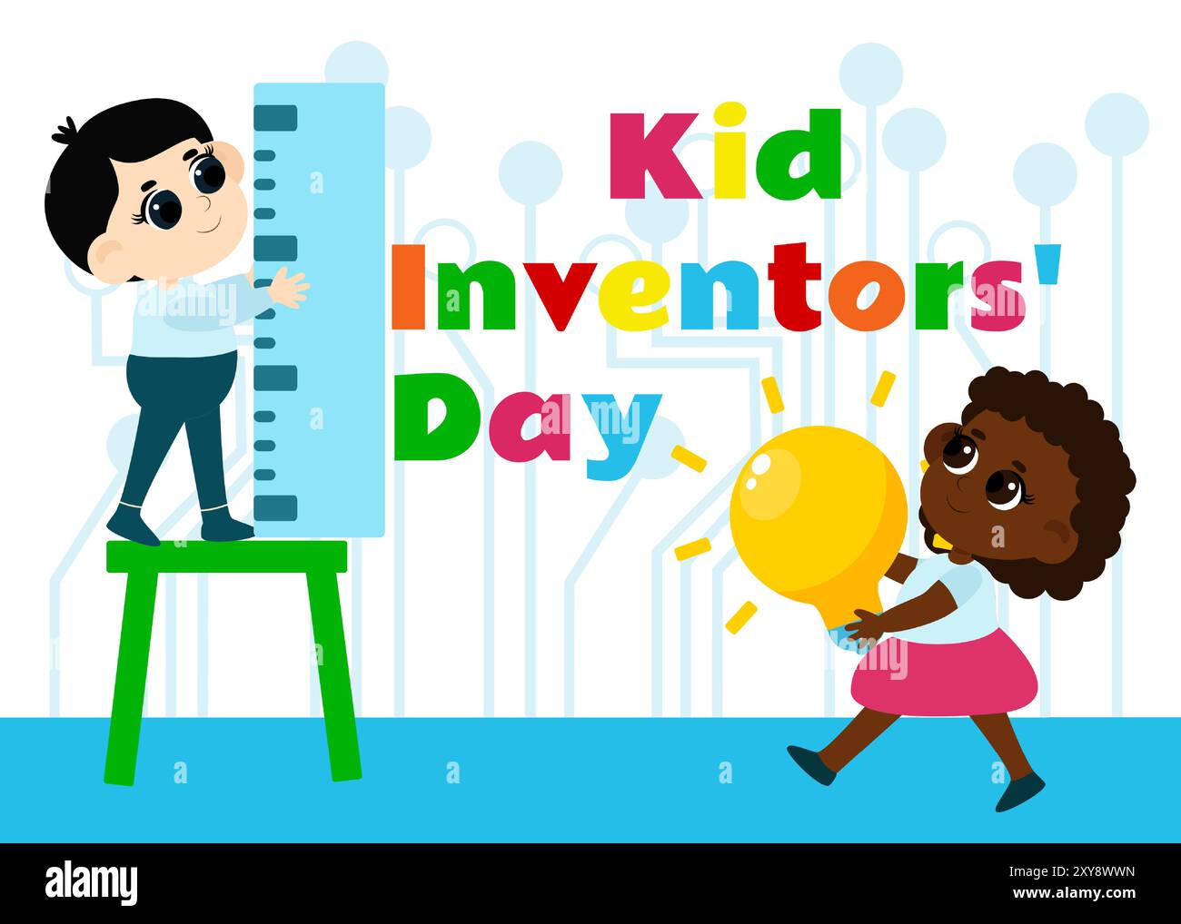 Kid Inventors Day. A cute boy and measures letters and a girl carries a light bulb in her hands ...