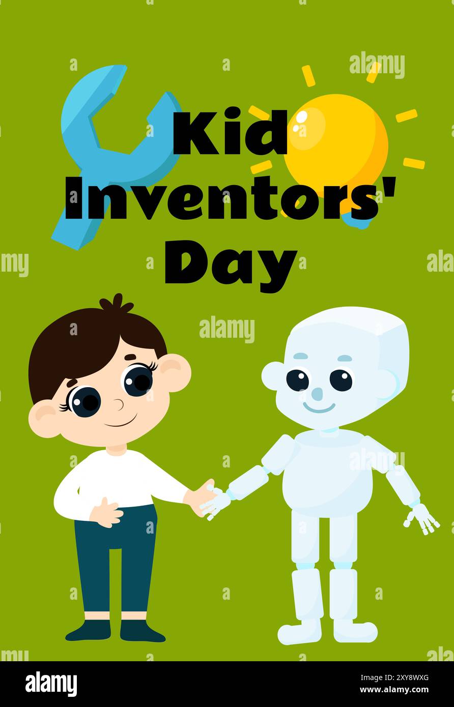 Kid Inventors Day. A cute boy is holding a charming robot by the hand ...