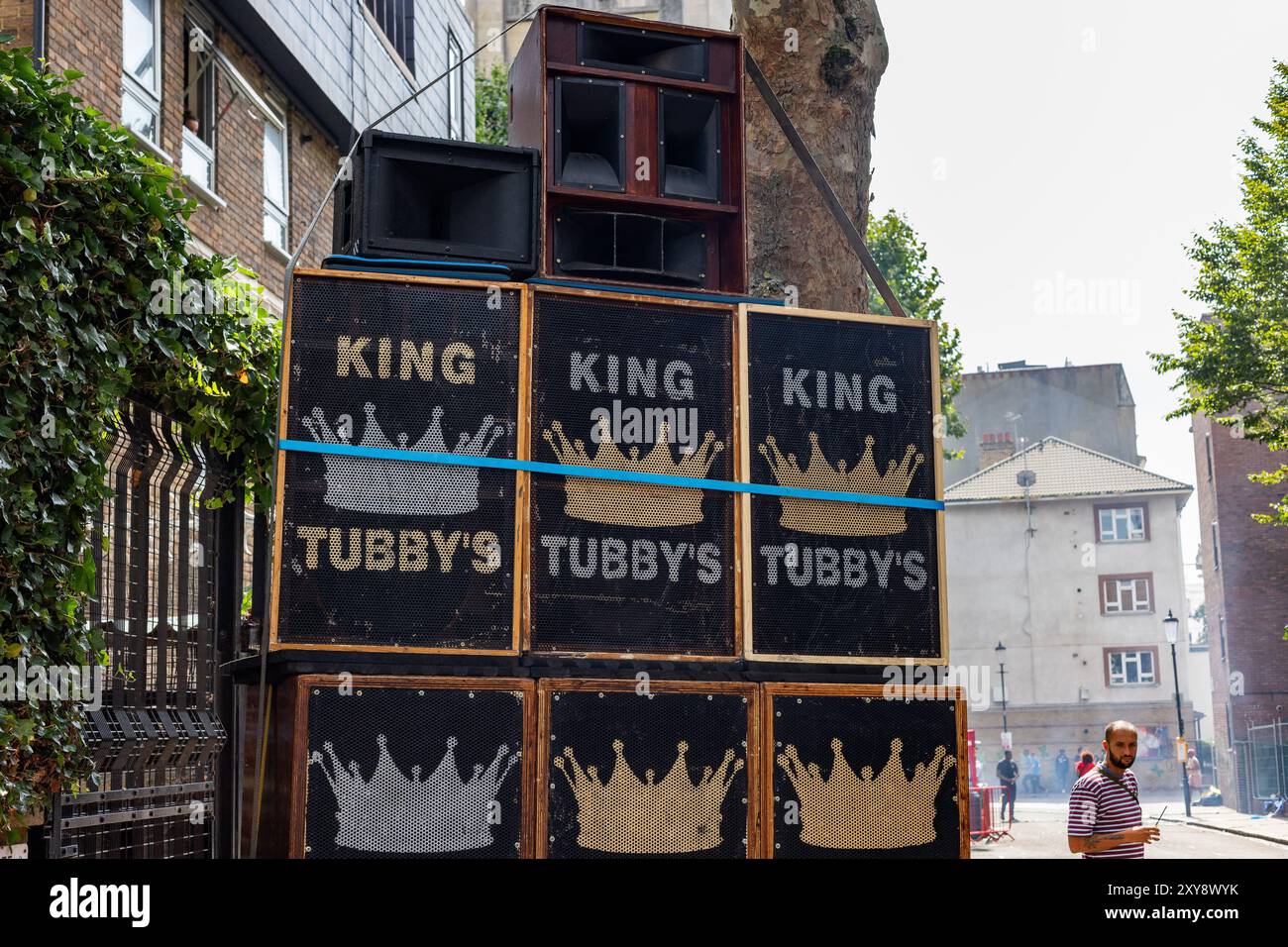 London, UK. 26th August, 2024. Stacked speaker cabinets are pictured at ...