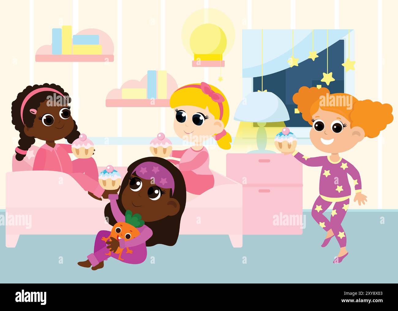 The children had a pajama party. The girls are dressed in pajamas and ...