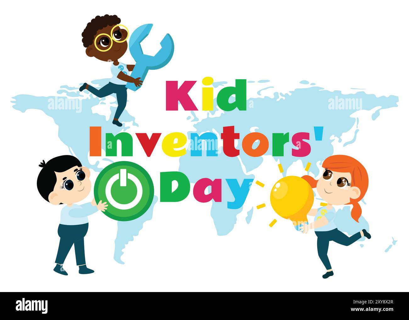 Kid Inventors Day. Cute boy and girl with light bulb and wrench and ...