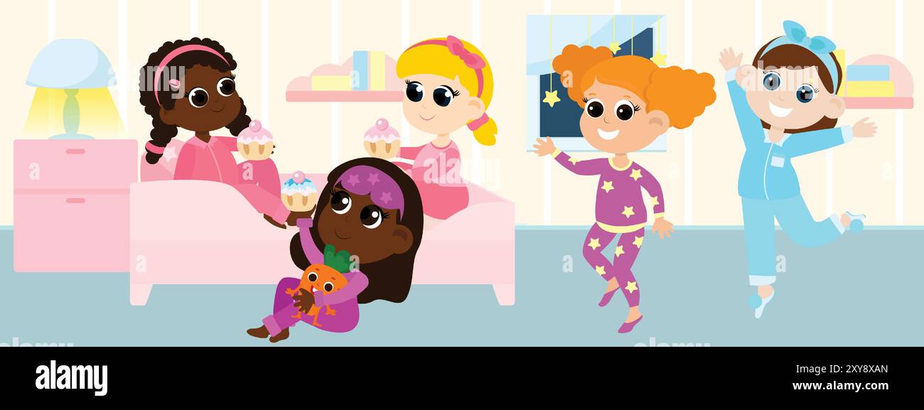 Girls in pajamas are playing in the room. The kids are having a pajama ...