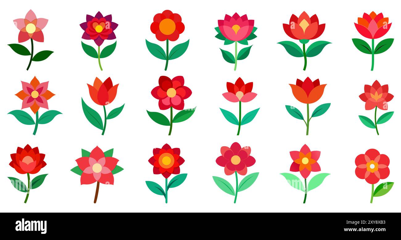 Flower icon. Set of red flowers with green leaves. Flower symbols ...