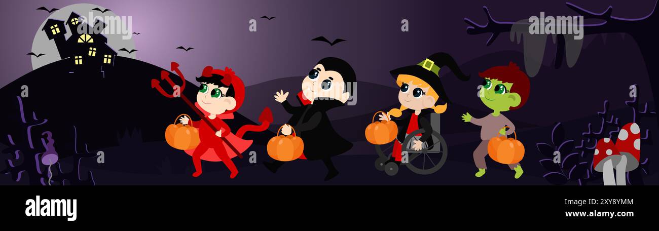 Little children vampire, zombie, witch, devil go to the castle on the ...