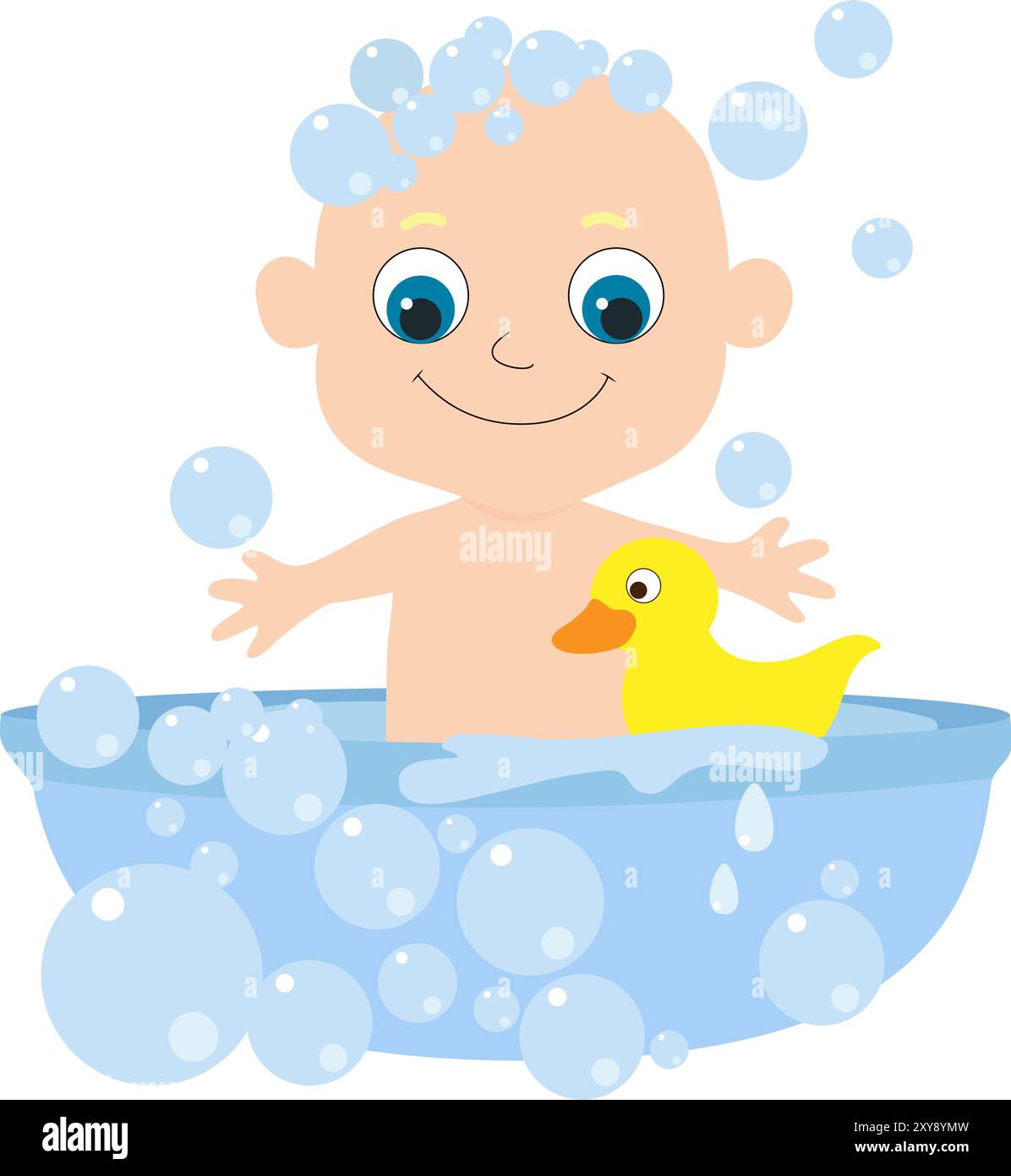 Little cute baby bathes in a bathtub with soap bubbles and a yellow ...