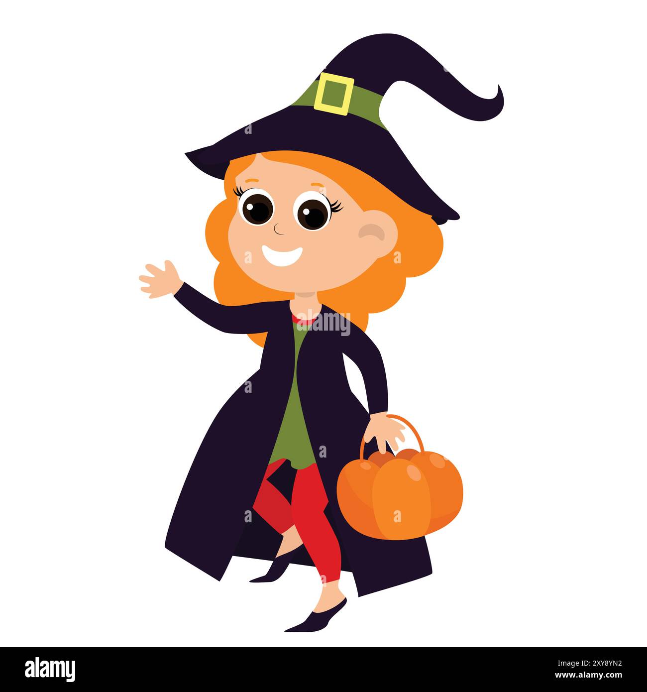 A witch in a cloak. Girl with red hair in a witch costume with a basket ...