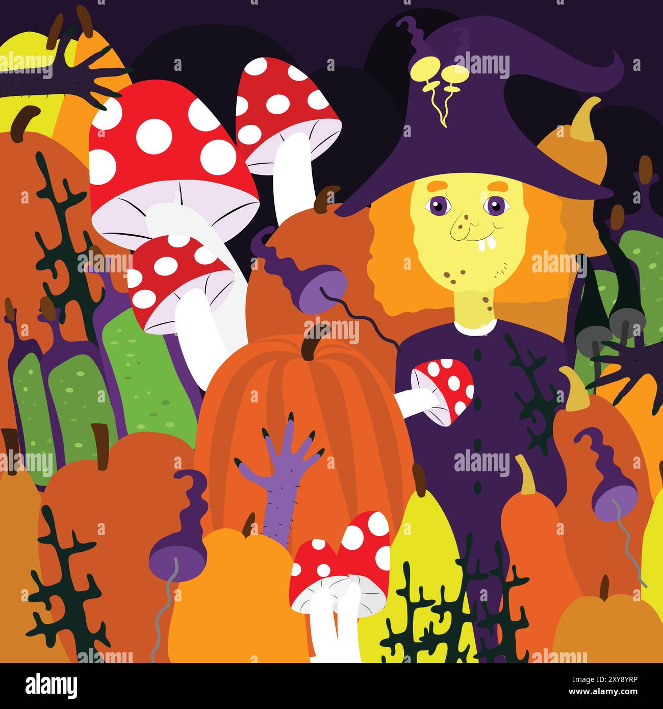 A witch among mushrooms, hairy hands, branches, taverns. Halloween ...