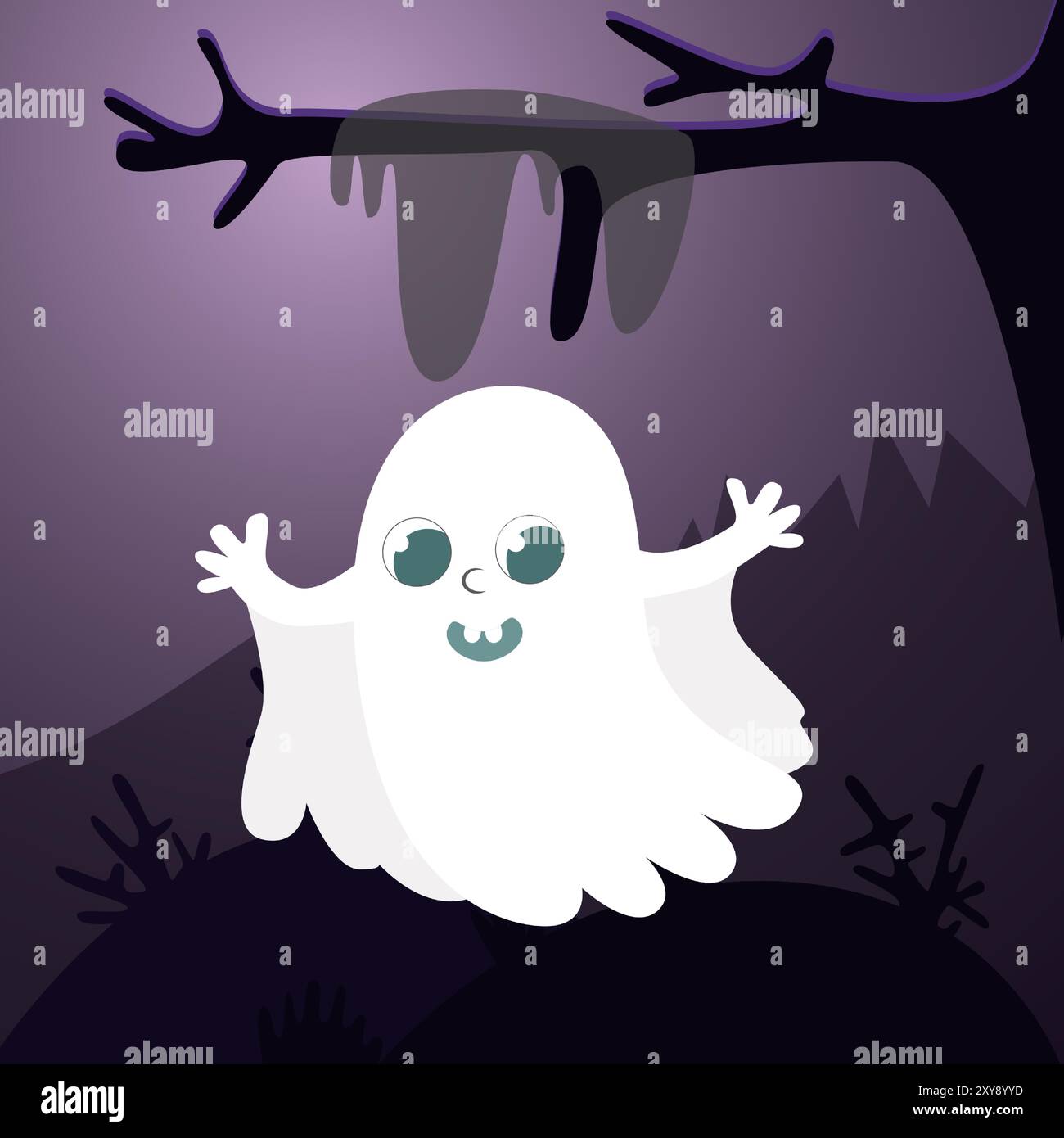A cute ghost on the background of a mystical forest, branches and ...