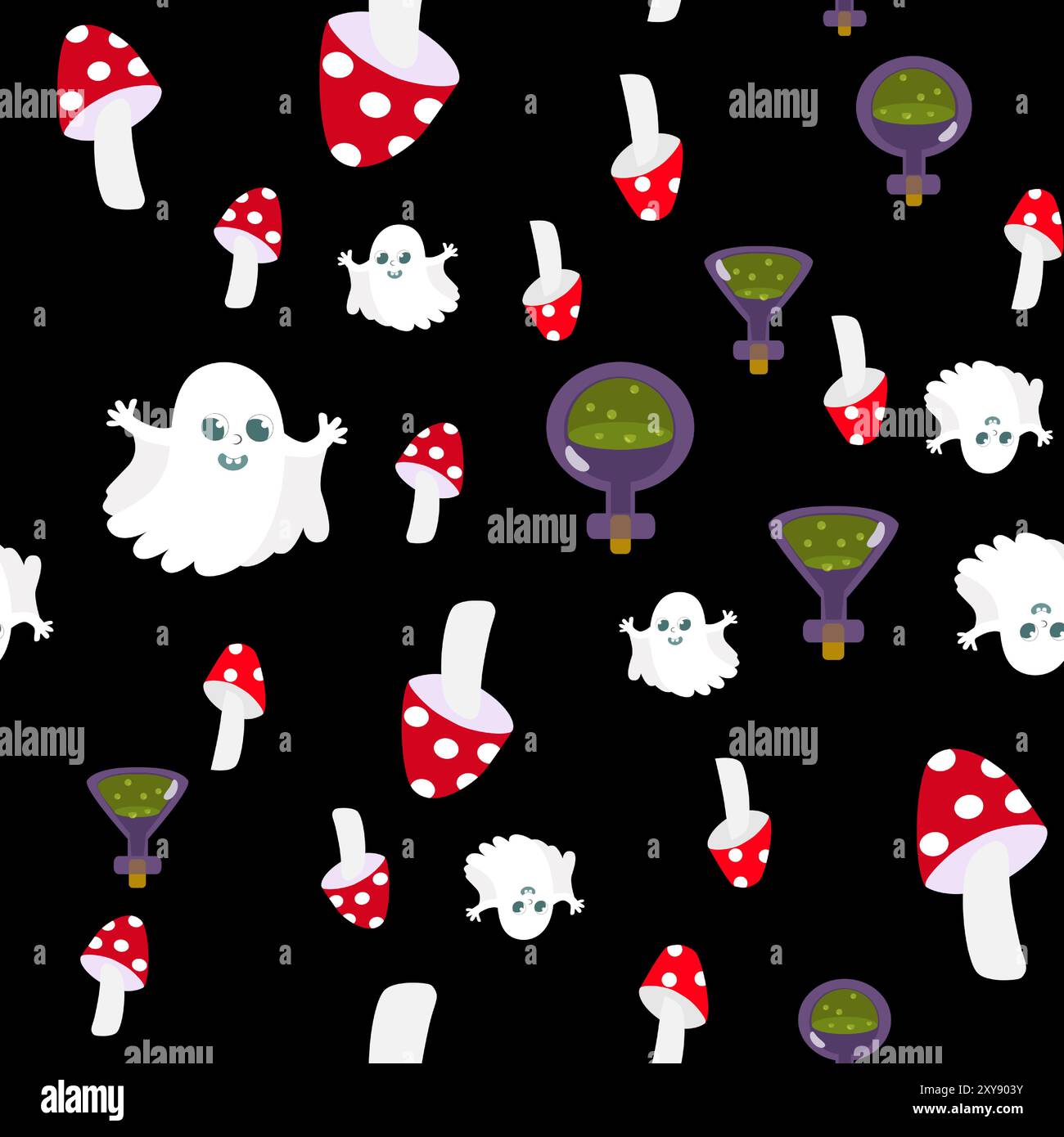 Seamless pattern cute ghost and fly agaric mushrooms and a flask with a ...