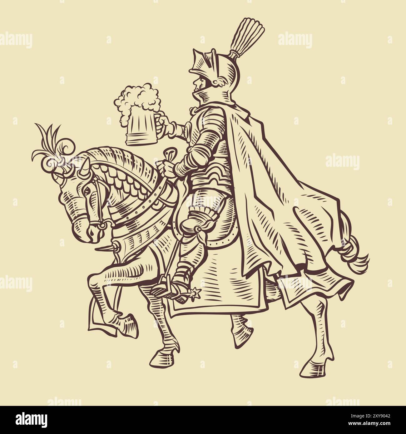 A knight in armor on an armored horse holds a mug of foamy beer ...