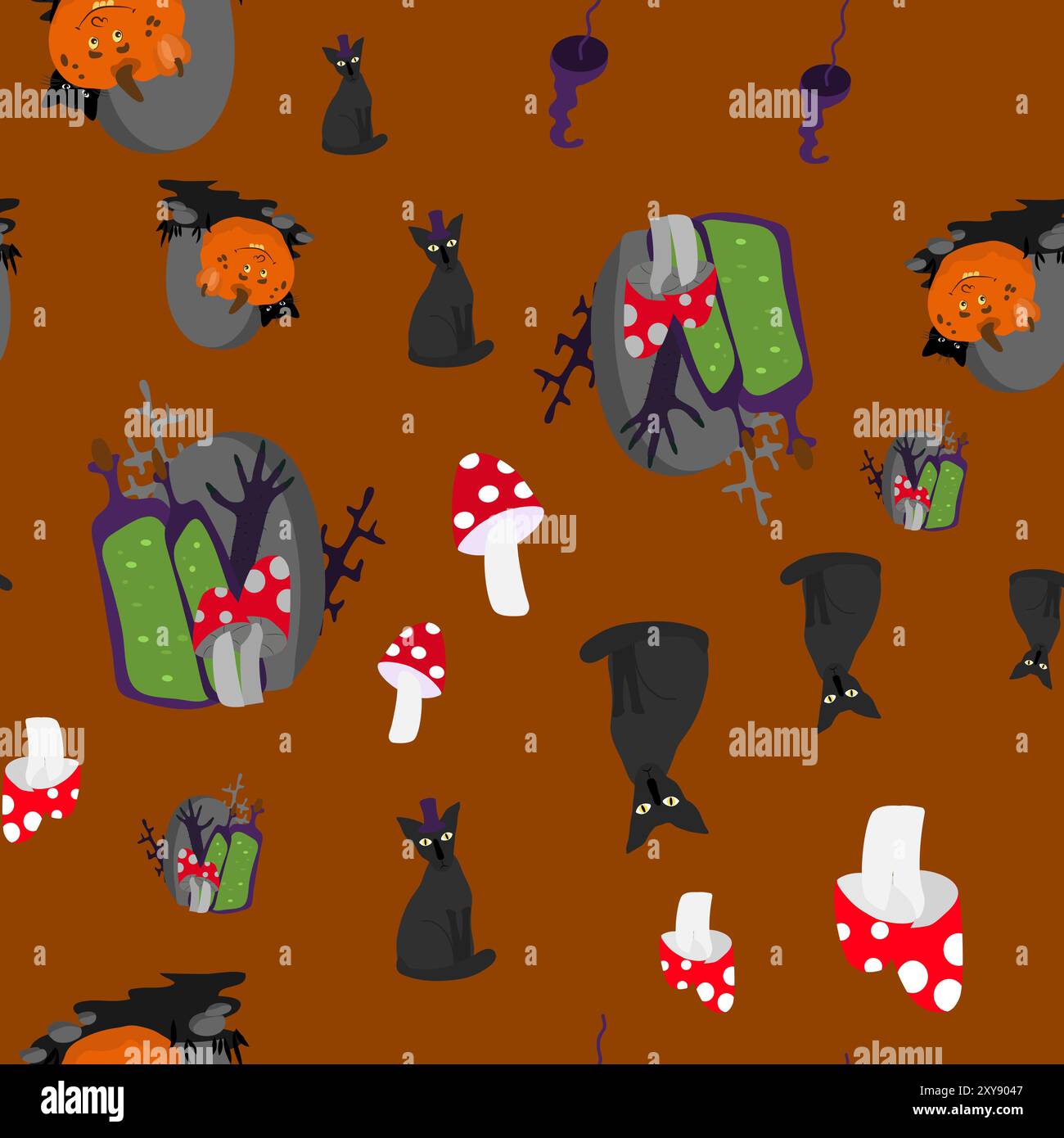 Seamless pattern cat, fly agaric, twigs and headstone. Halloween ...