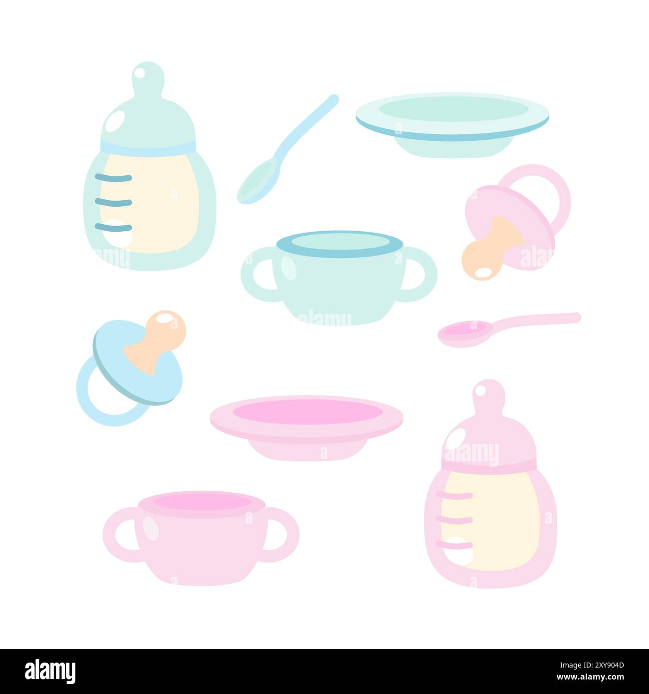 Items for young children: a feeding bottle, a plate, a spoon, a cup ...