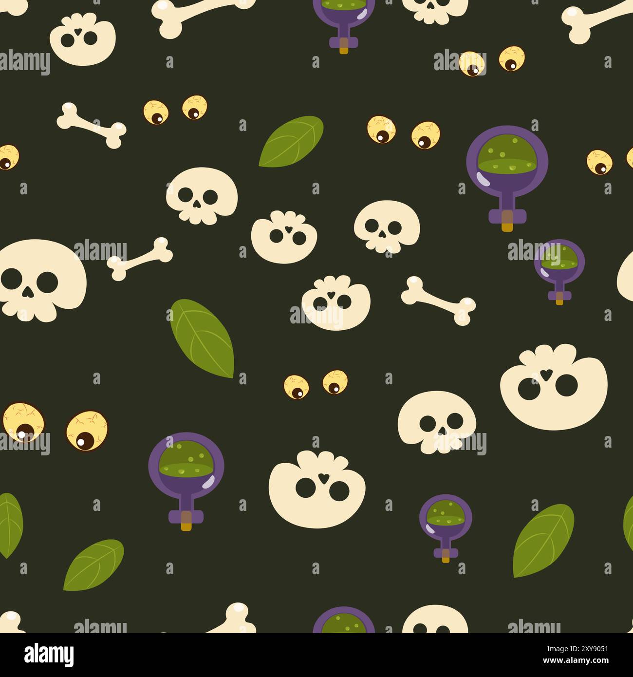 Seamless pattern skull, bone, leaves and poison or potion on a black ...