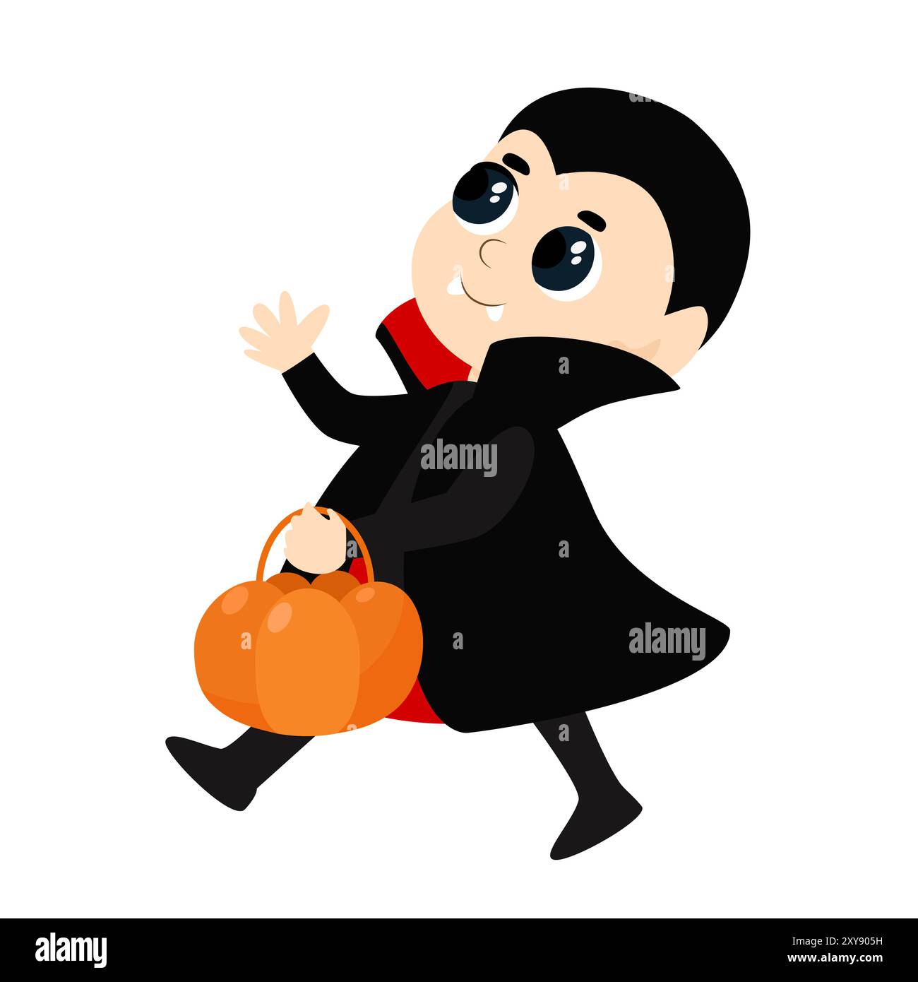 A small cute child dressed as a vampire or Count Dracula walks merrily ...