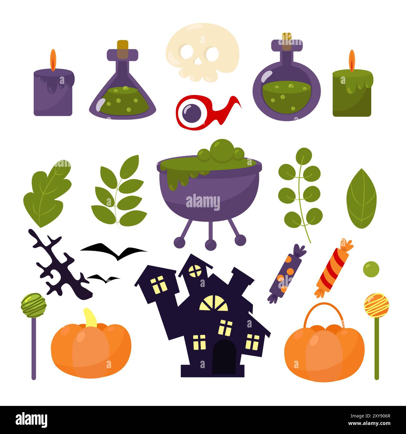 Set Halloween plant leaves, candy, pumpkin, castle, potion, poison ...