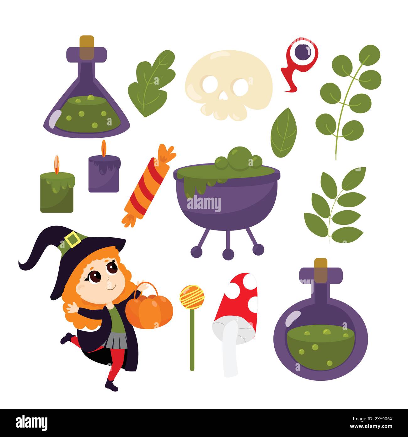 Set Halloween red witch, plant leaves, candy, pumpkin, potion, poison ...