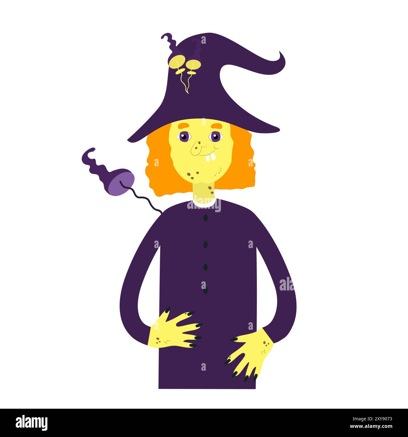 Cute witch in cartoon style. The witch is wearing a hat with mushrooms ...