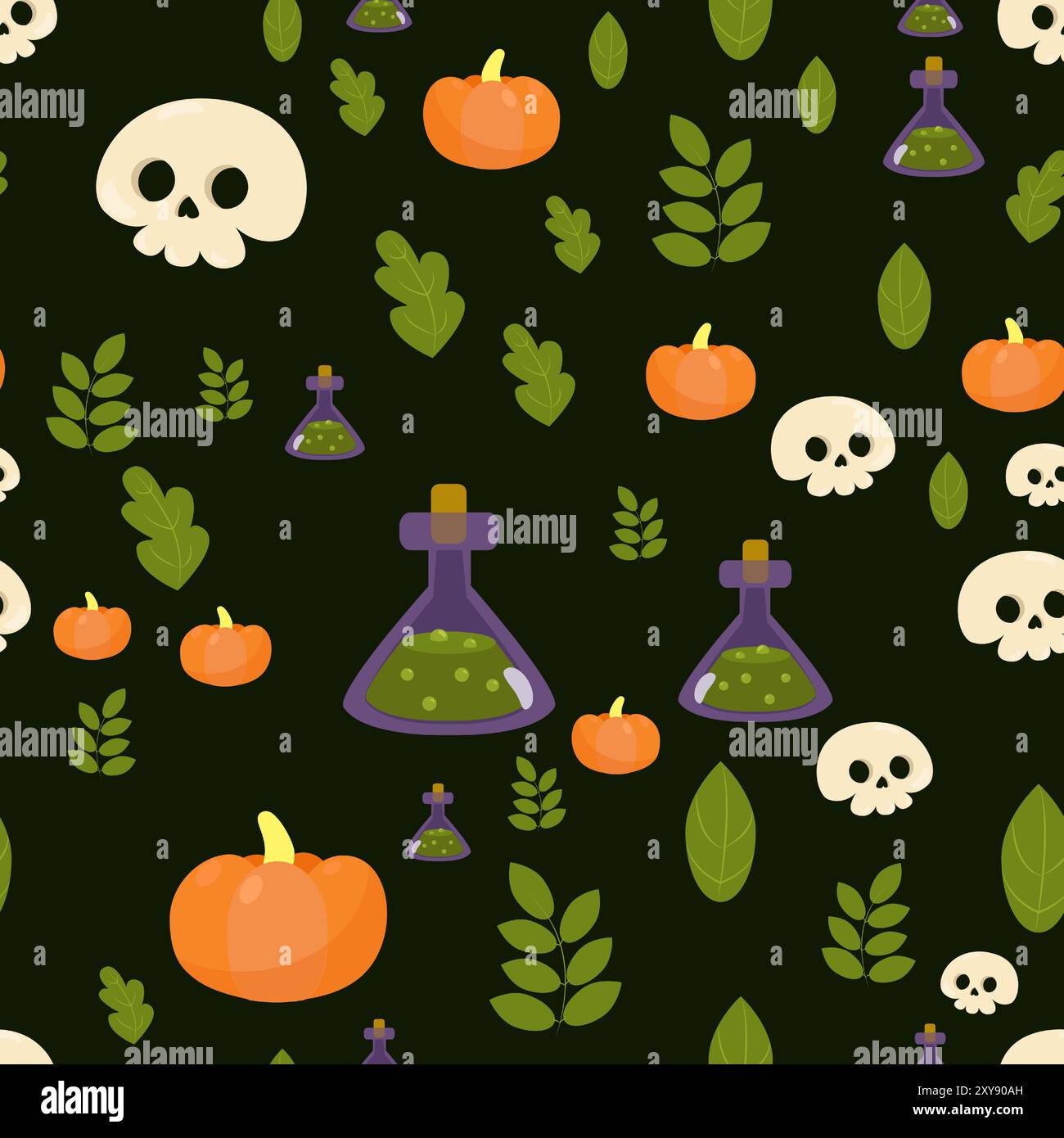 Seamless pattern cute skull and leaves, poison bottles, pumpkins ...