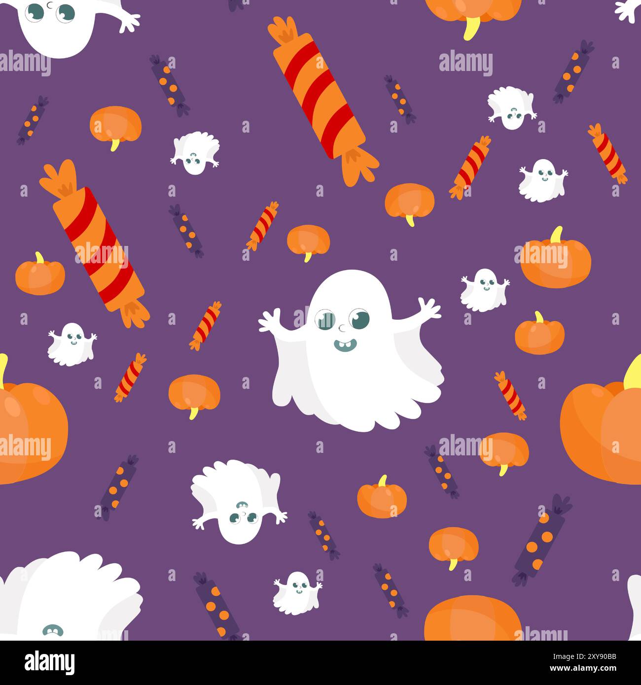 Seamless pattern cute ghost, candies and pumpkins on a purple ...
