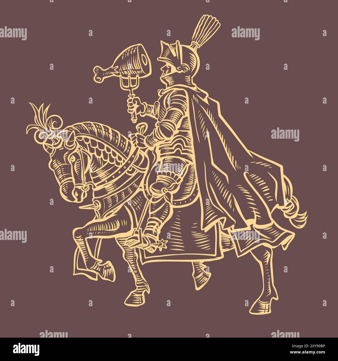 A knight in armor on an armored horse holds meat on a fork. Meat menu ...