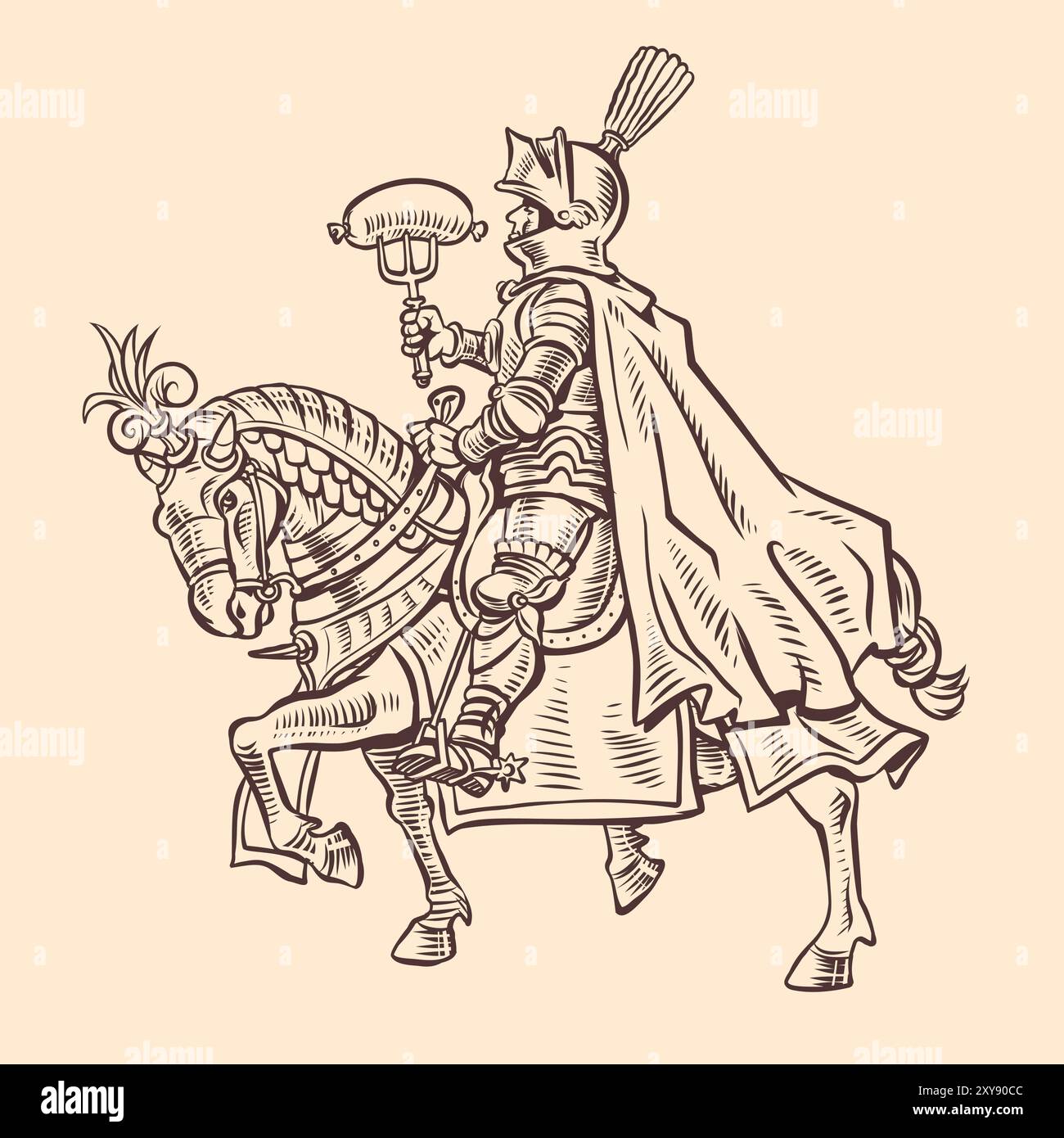 A knight in armor on an armored horse holds a sausage on a fork. Meat ...