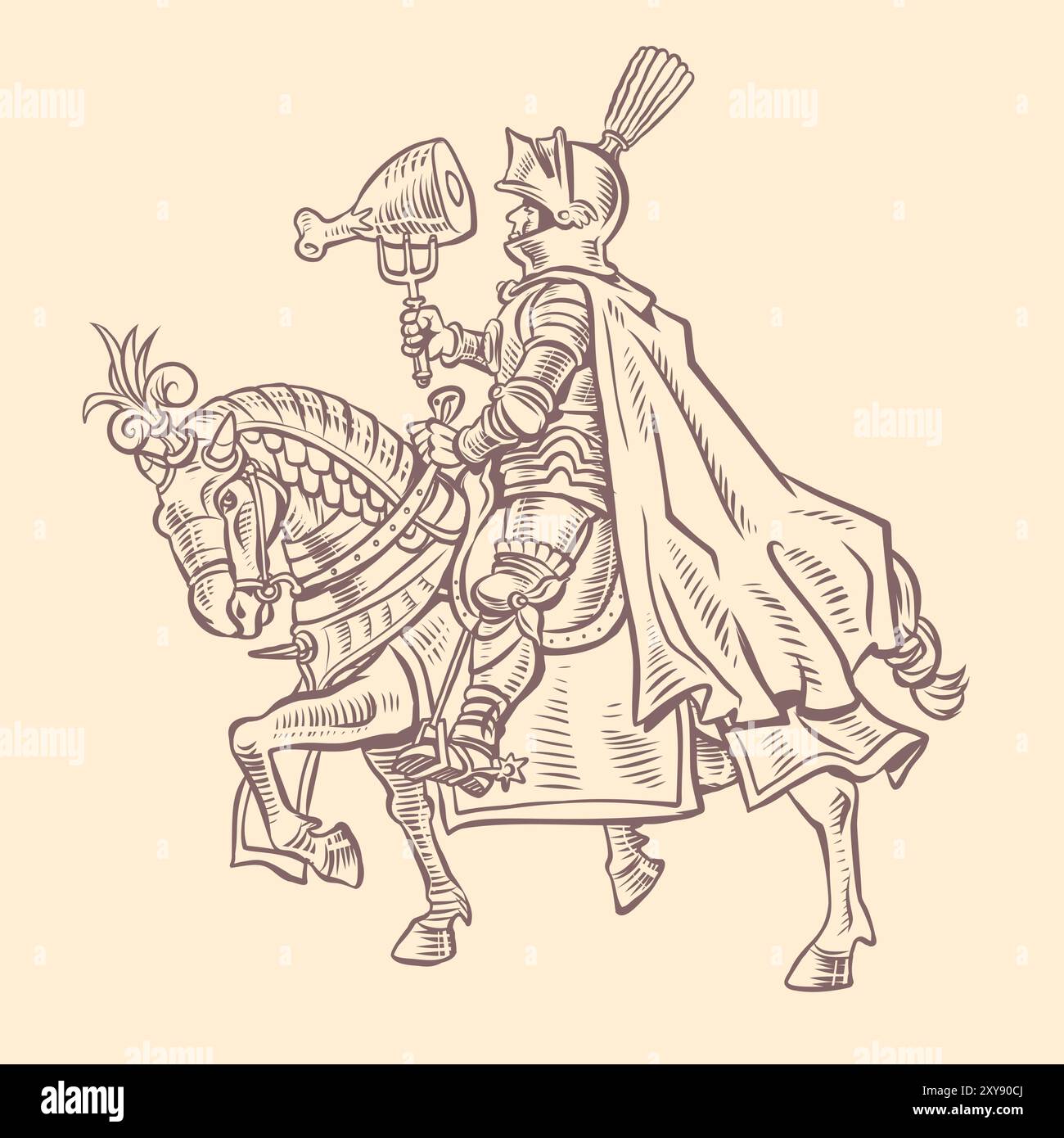 A knight in armor on an armored horse holds meat on a fork. Meat menu ...