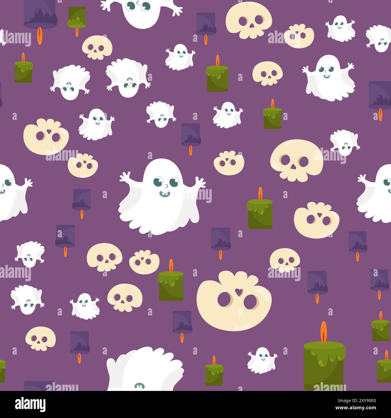 Seamless pattern cute ghost, skull and ritual candles. Halloween ...