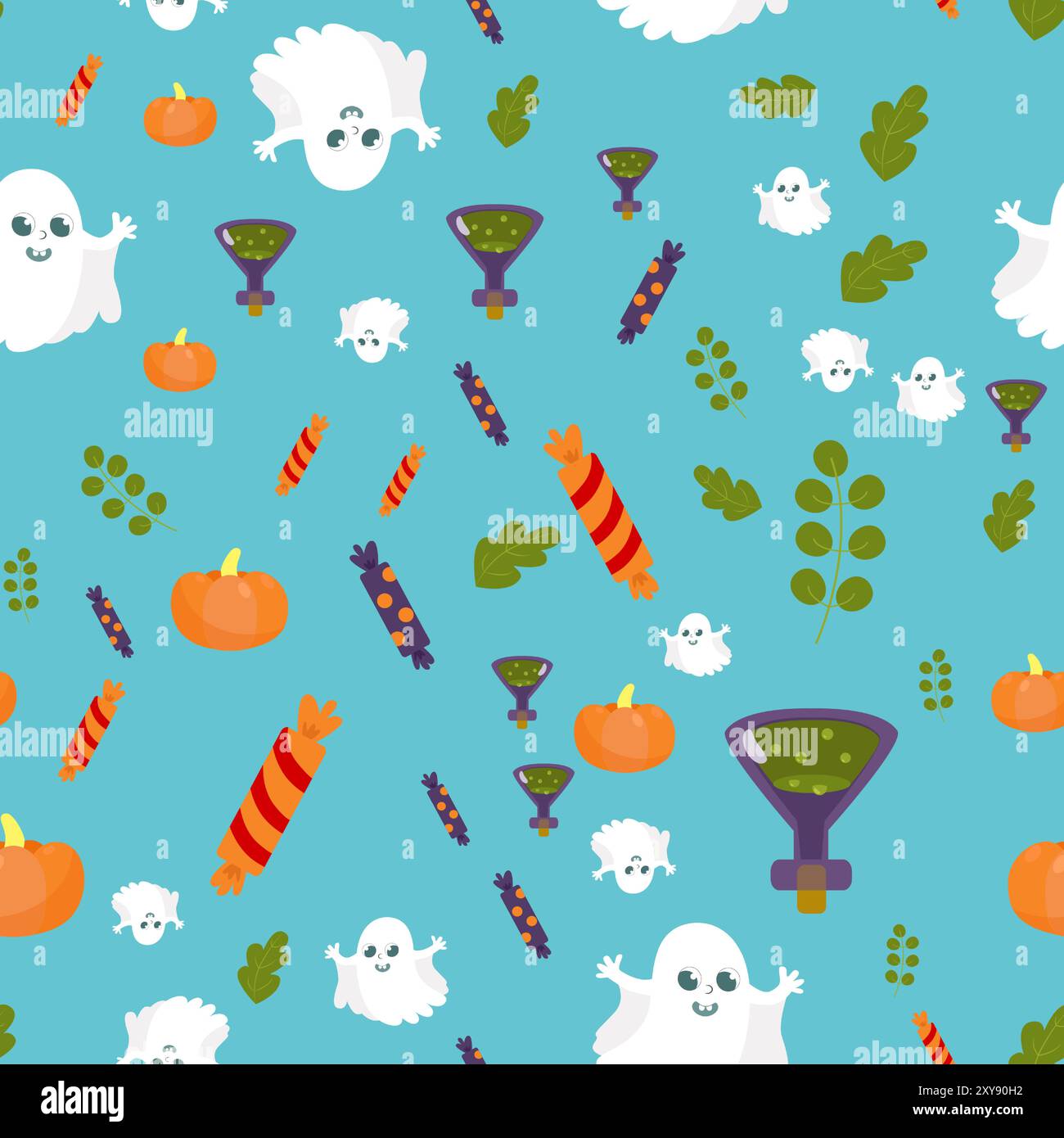 Seamless pattern cute ghost and bottles with poison or potion, candies ...