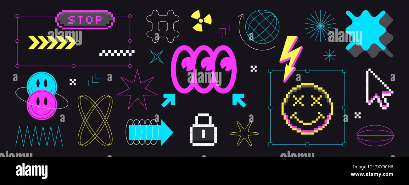 Y2k pixel art stickers in 8bit retro style. Pixelated acid smile face ...