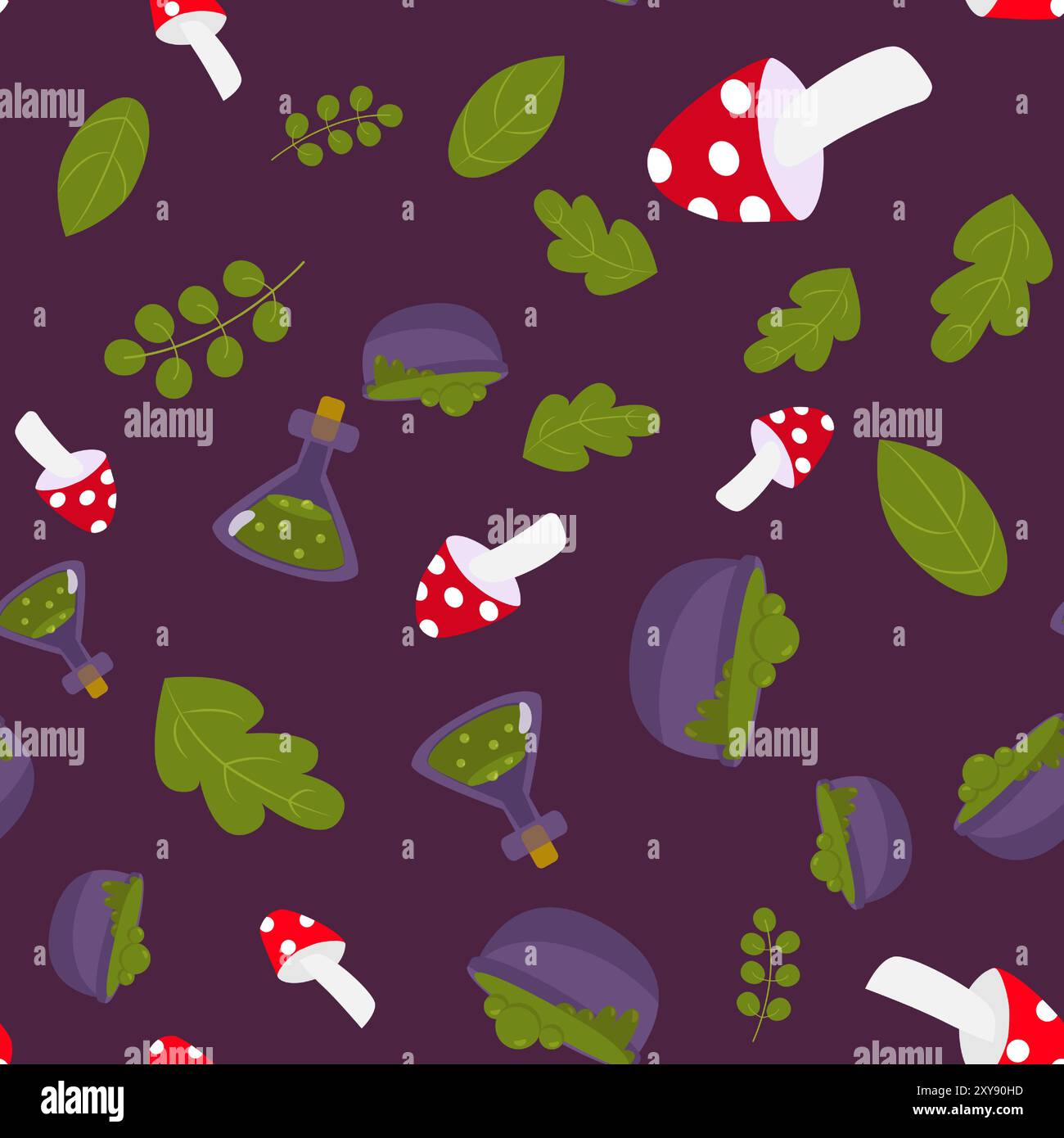 Seamless pattern leaves, poison bottle and fly agaric. Halloween ...