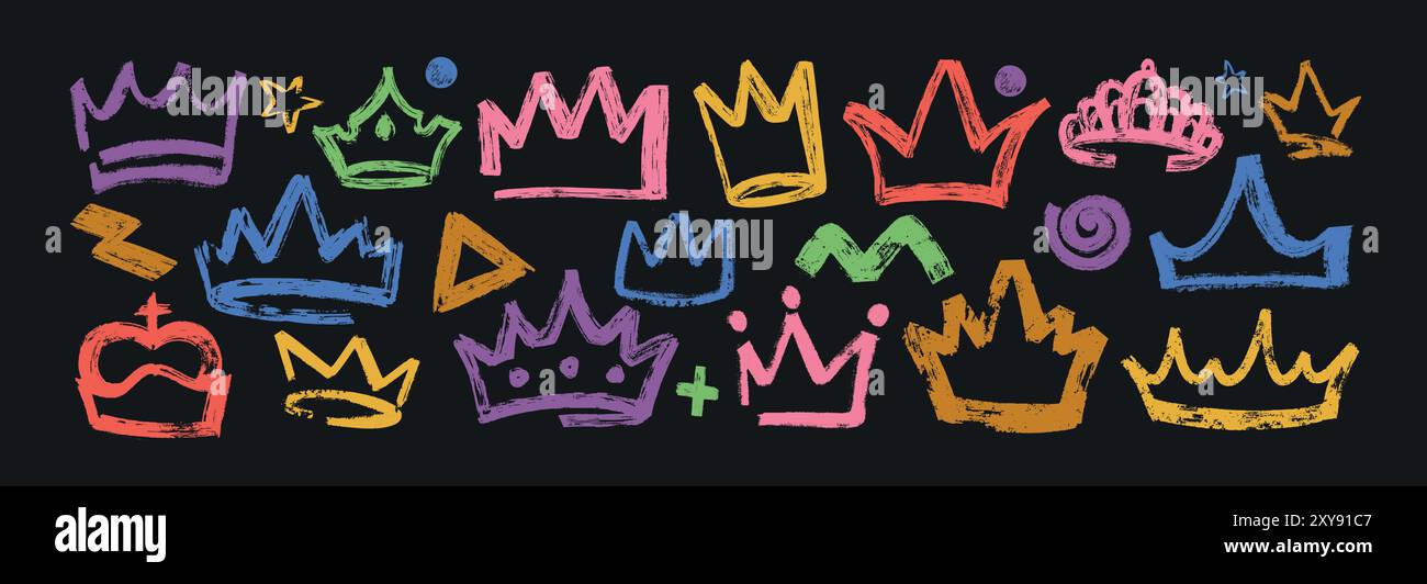 Vector set grunge bold king crowns on black background. Color prince ...
