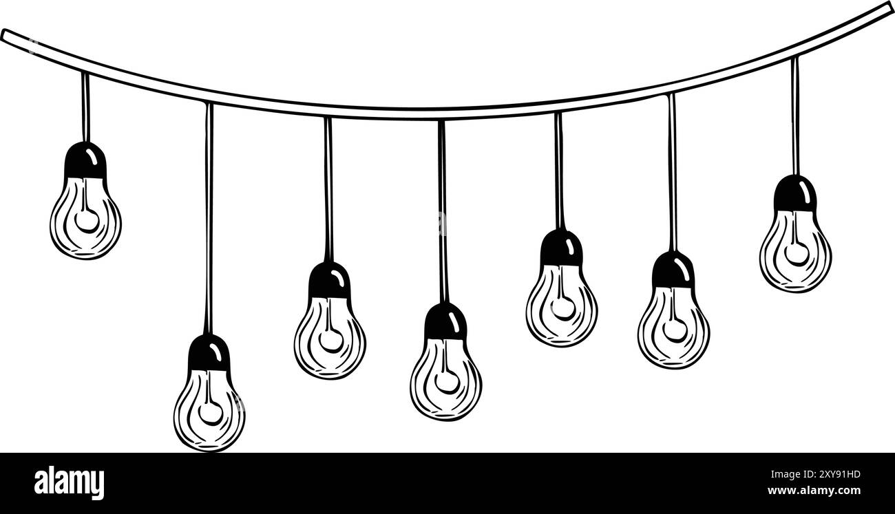 Vector illustration of String of Hanging Light Bulbs. Outline Drawing ...