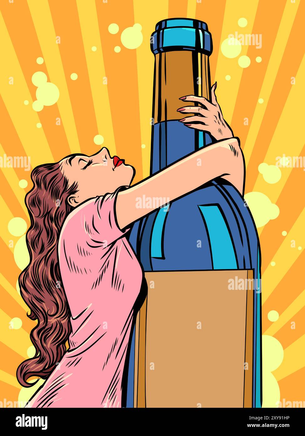 A woman hugs a bottle of alcohol. Exclusive offers in a bar, pub or ...