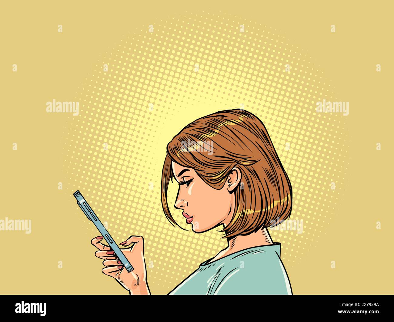 The girl looks seriously at the phone. Communication through social ...