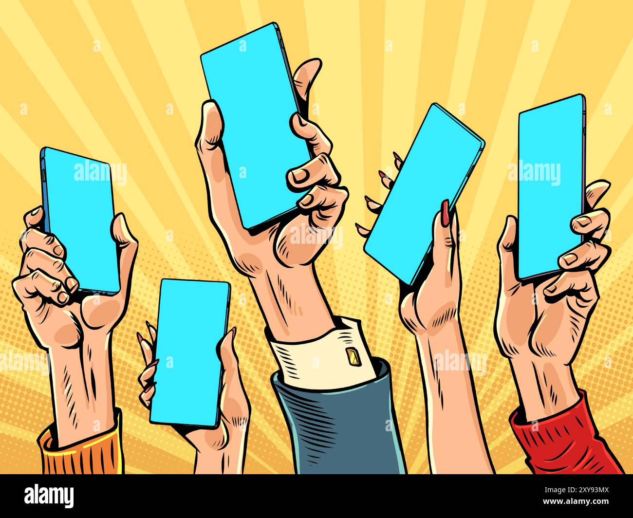 People raise their hands with phones. Empty space for text. Global ...