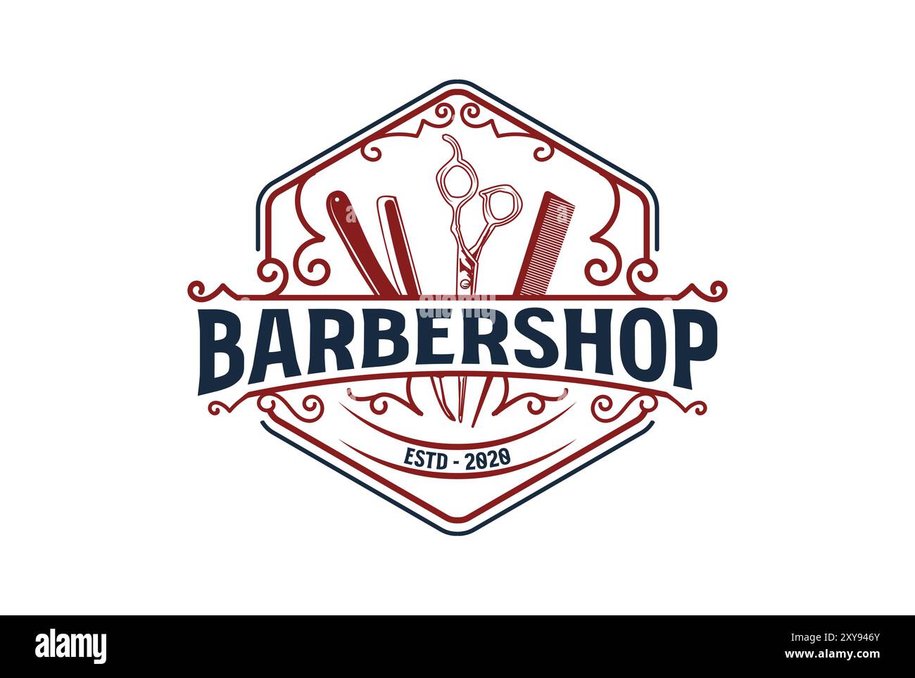 Vintage Hexagonal Badge Emblem Label with Razor Scissor and Comb for ...