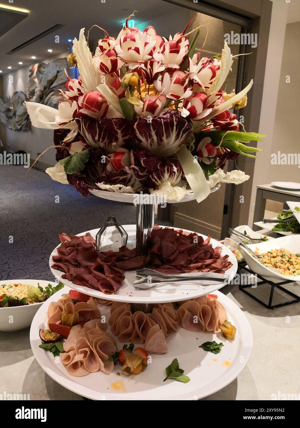 The Assortment of snacks on the buffet table. Various light snacks ...