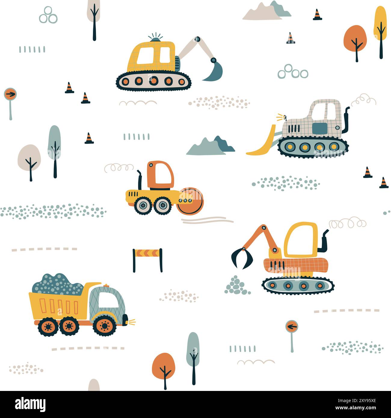 Kids seamless pattern with cars, tractors and road equipment. Hand ...