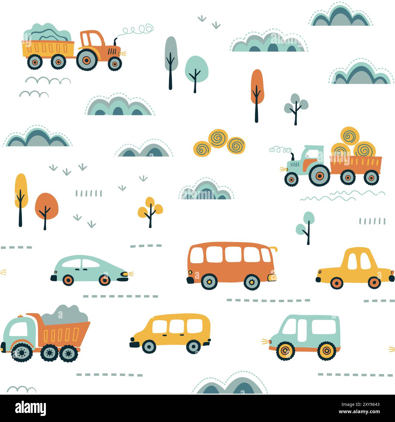 Kids seamless pattern with cars, buses abd tractors. Hand drawn vector ...