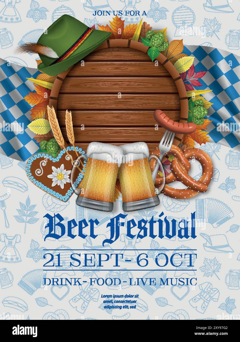 oktoberfest party poster with wooden signboard with hat and bber mugs ...