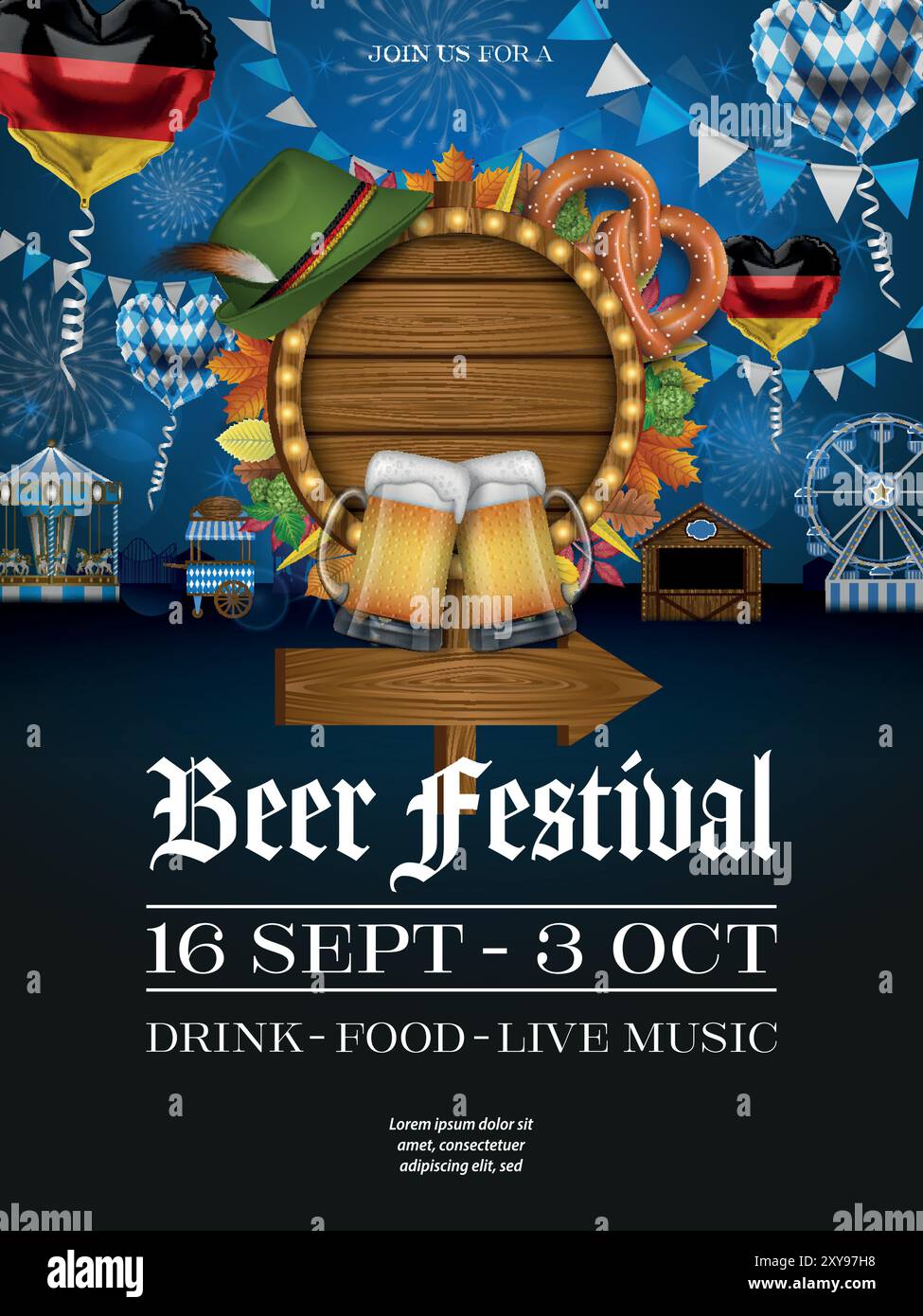 oktoberfest party poster with wooden signboard with hat and bber mugs ...