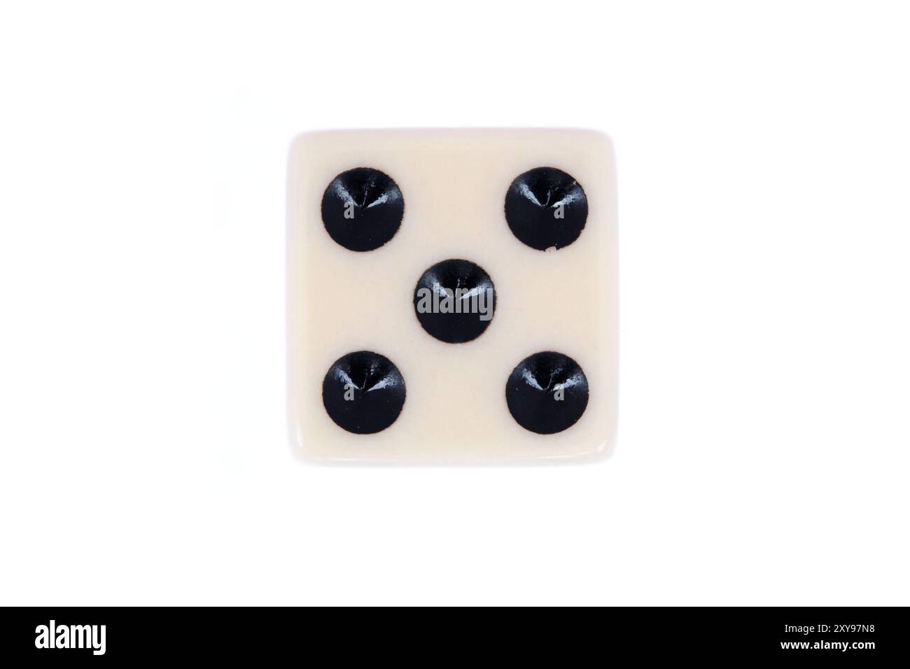 White dice with five black dots isolated on white. Top down view of ...