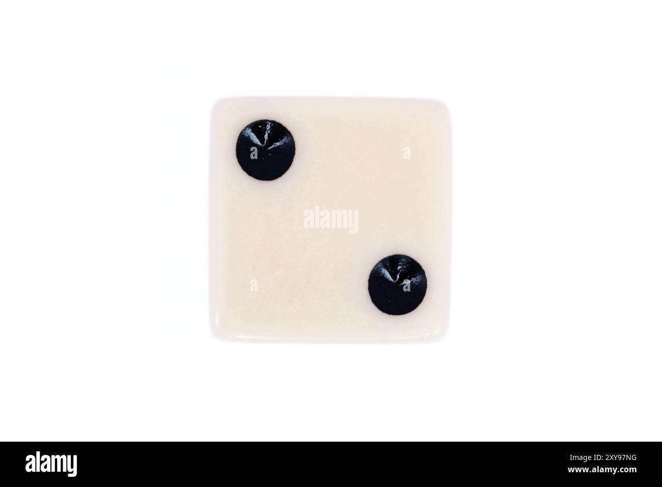 White dice with two black dots isolated on white. Top down view of ...