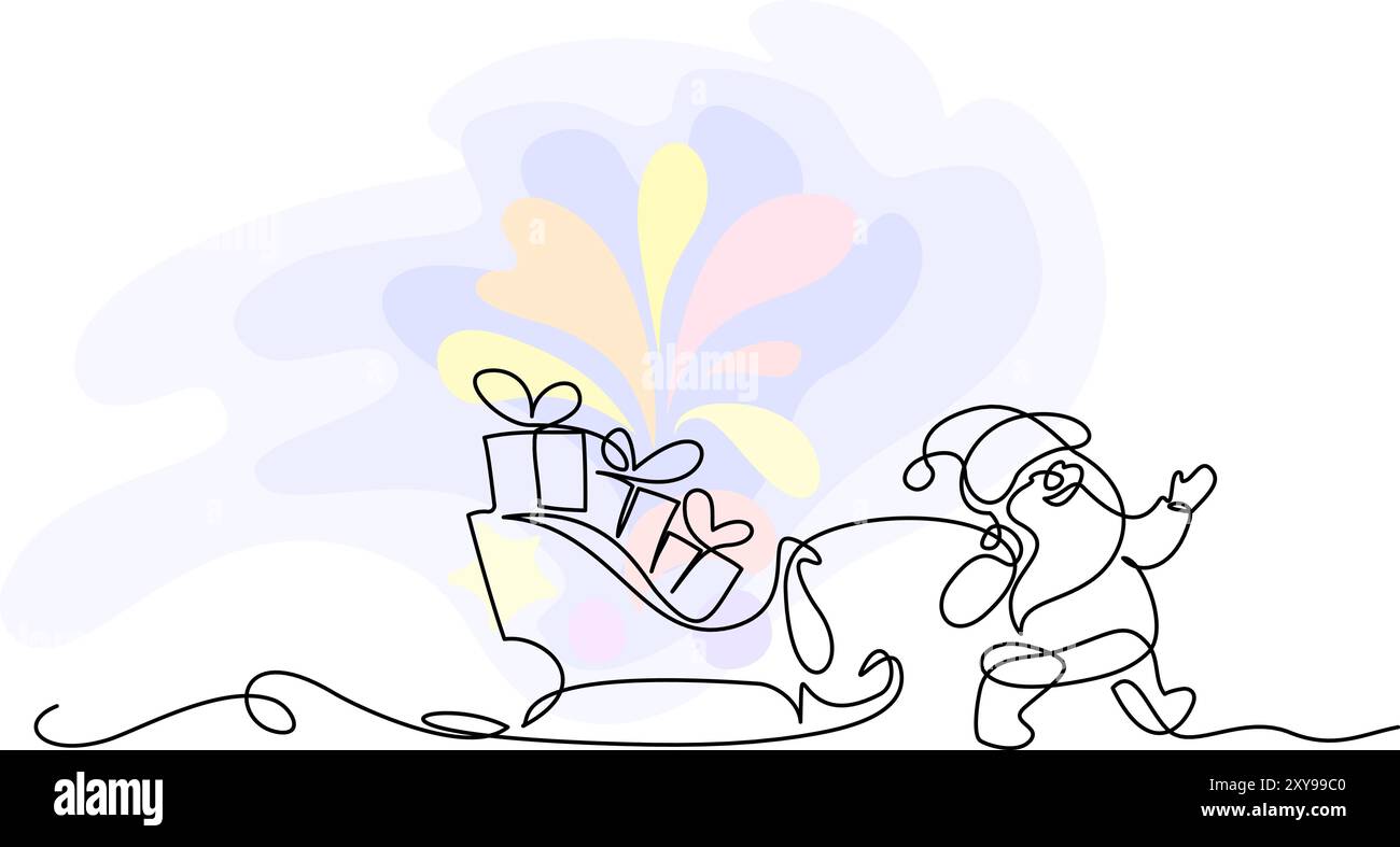 Little Santa carrying sleigh with gifts boxes. Continuous one line ...