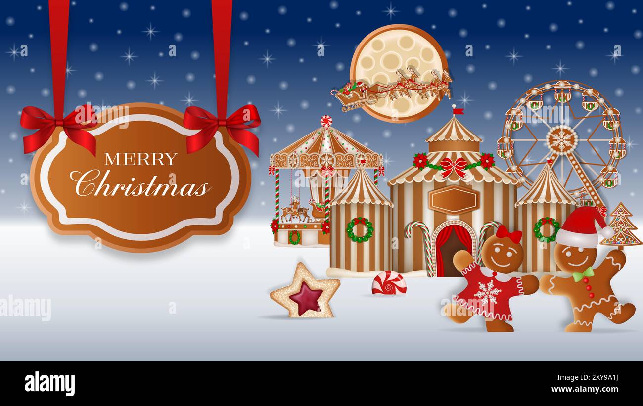 christmas greeting card with gingerbread landscape. and red bow ...