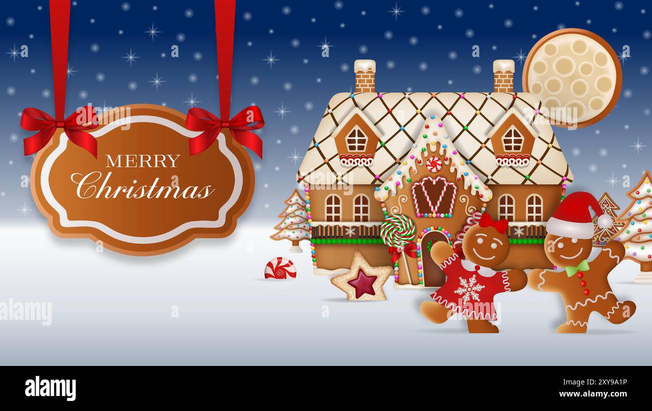 christmas greeting card with gingerbread landscape. and red bow ...