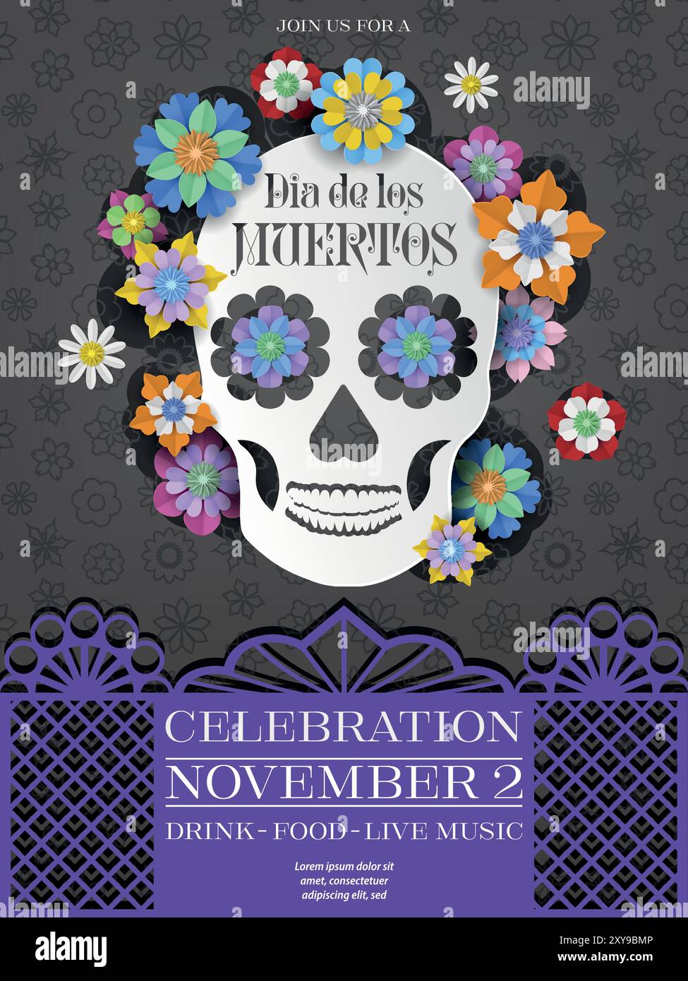 dia de los muertos poster with paper skull and flowers. day of dead ...