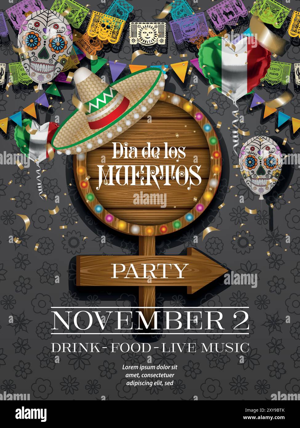 dia de los muertos poster with helium balloons and pennants. day of ...