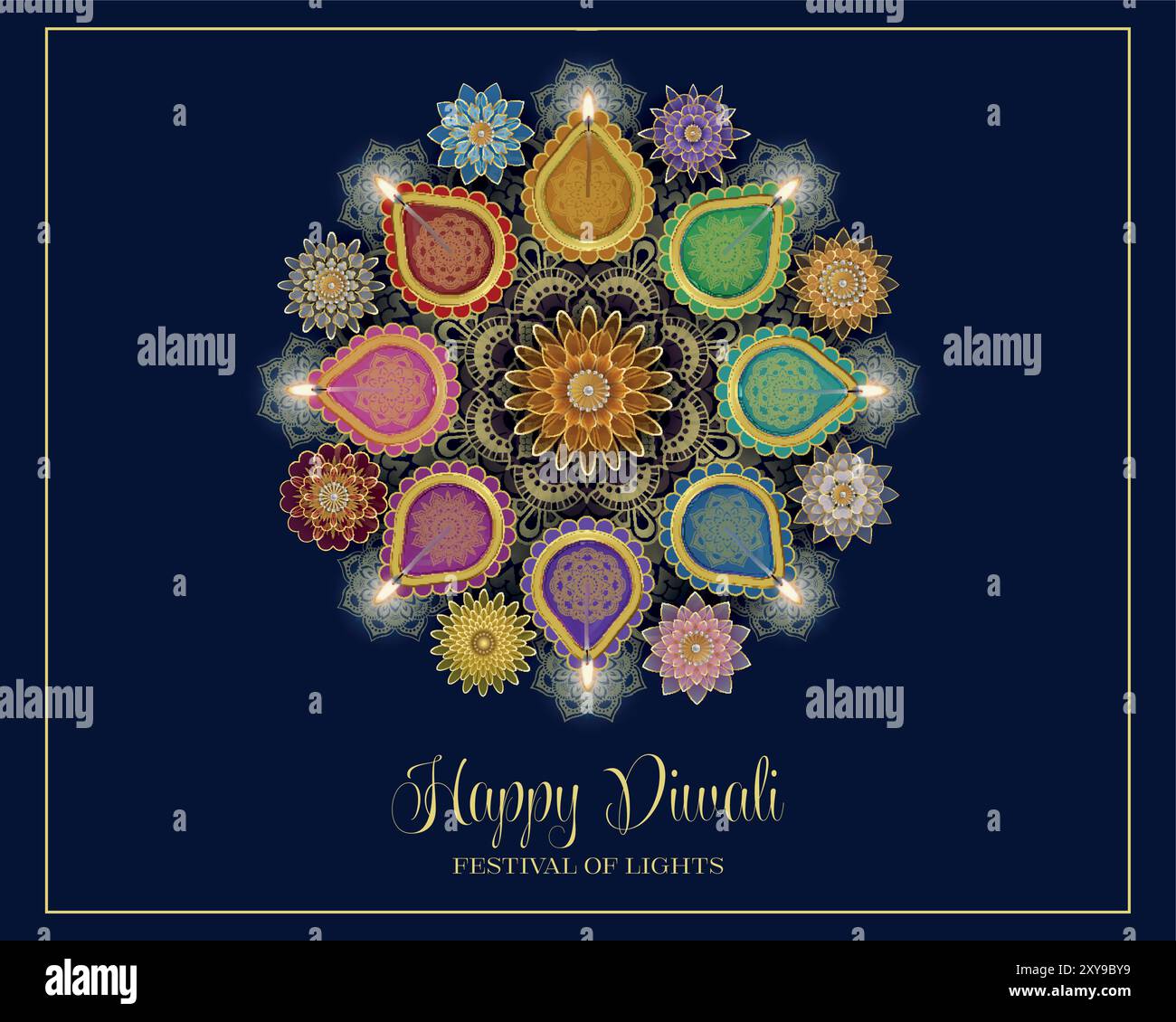 happy diwali background with candles and flowers. diwali frame with ...